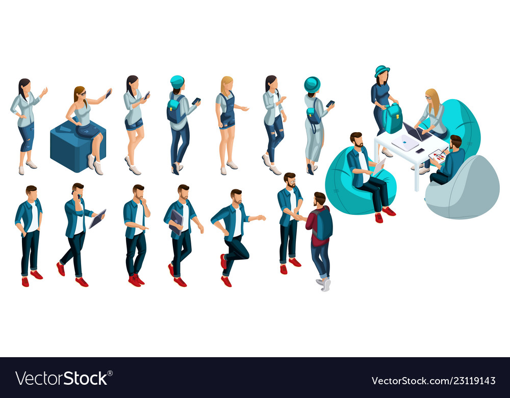Isometrics set of people 3d teenagers Royalty Free Vector