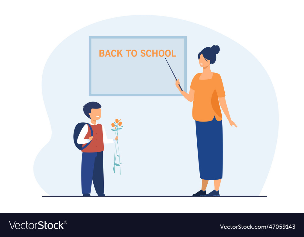 School student giving flowers to teacher Vector Image