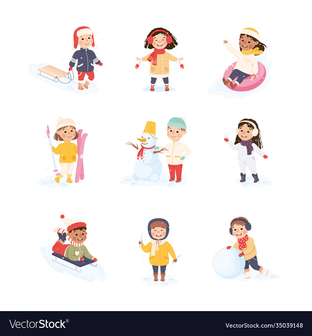 Children enjoying winter fun activities in snow Vector Image