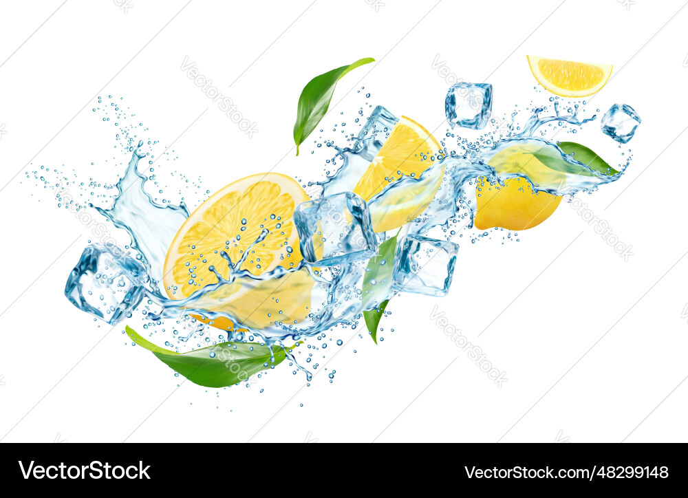 Realistic lemon fruit with leaves water splash Vector Image