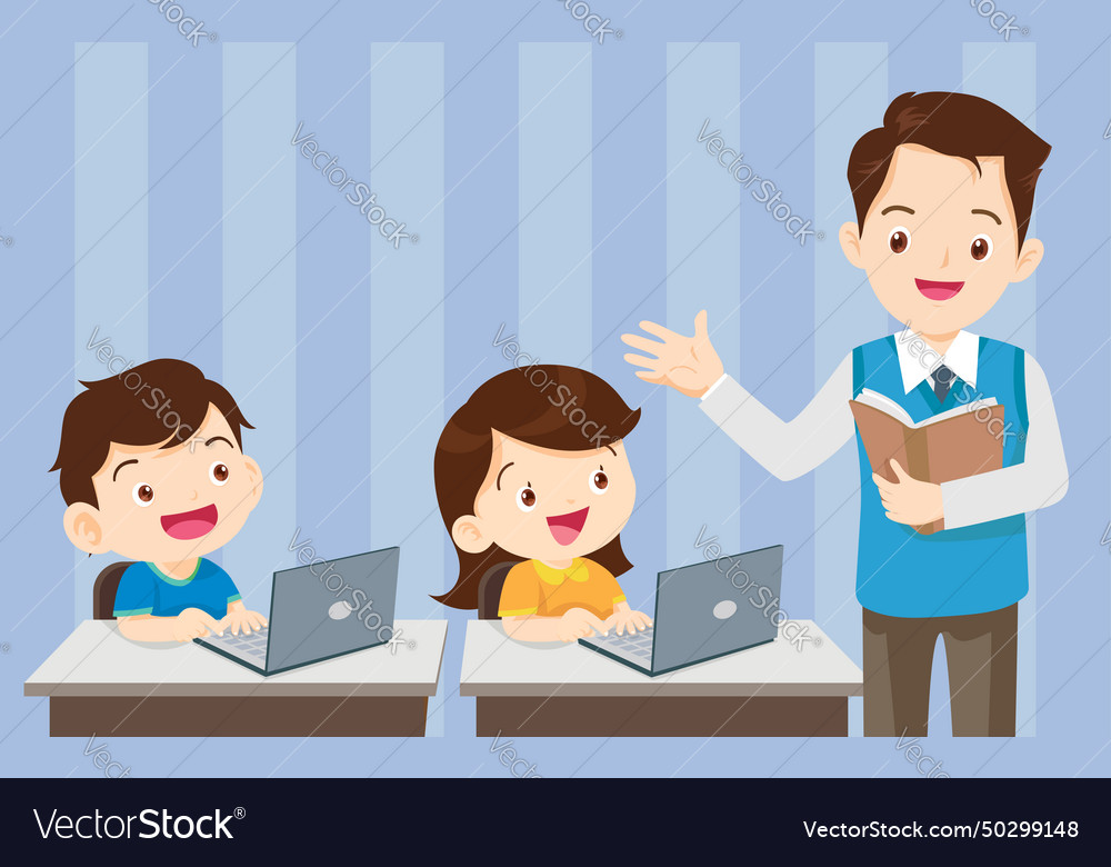 Teacher presenting computer learning and students Vector Image