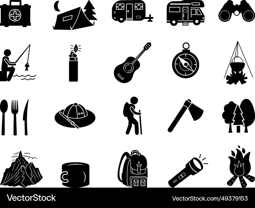 Camping black icons set hiking Royalty Free Vector Image
