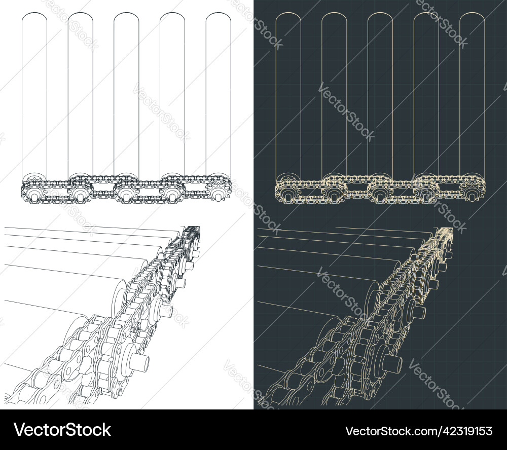 Chain transmission in a roller conveyor close up Vector Image