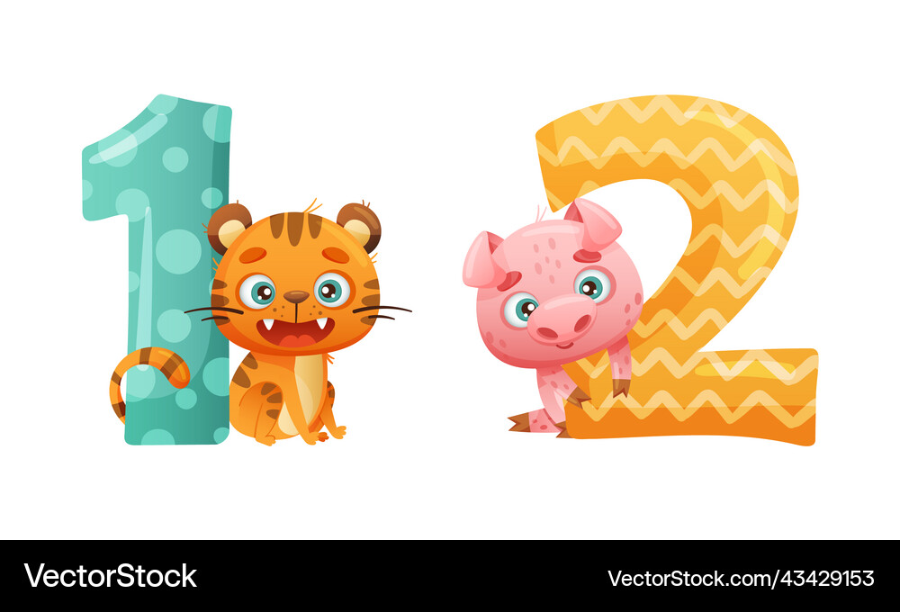 Cute Animals with Numbers - Tiger & Pig Vector Image