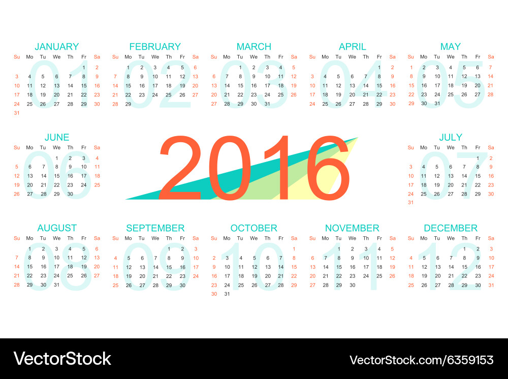 Template calendar 2016 years week starts Vector Image