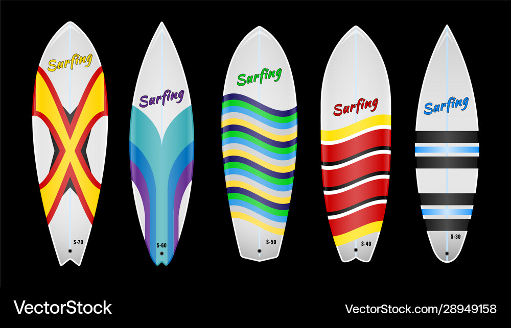 Set realistic different surfboards with colorful Vector Image