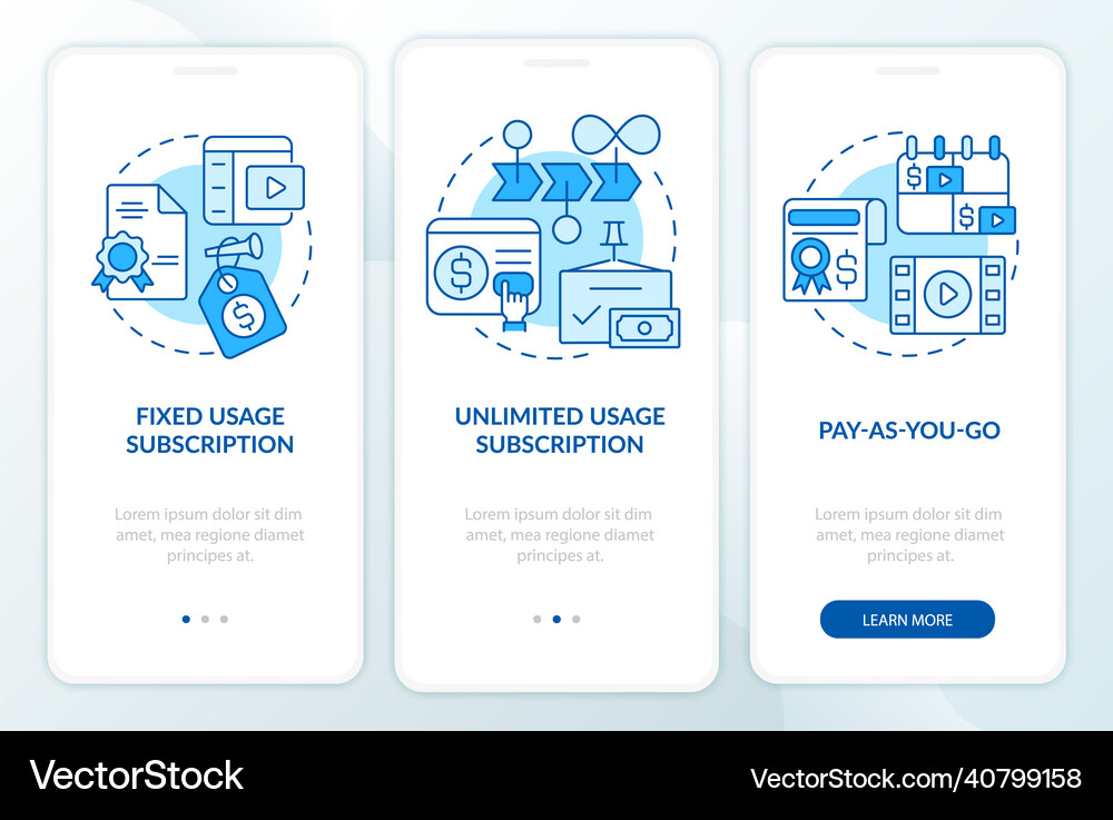 Types of subscription blue onboarding mobile app Vector Image