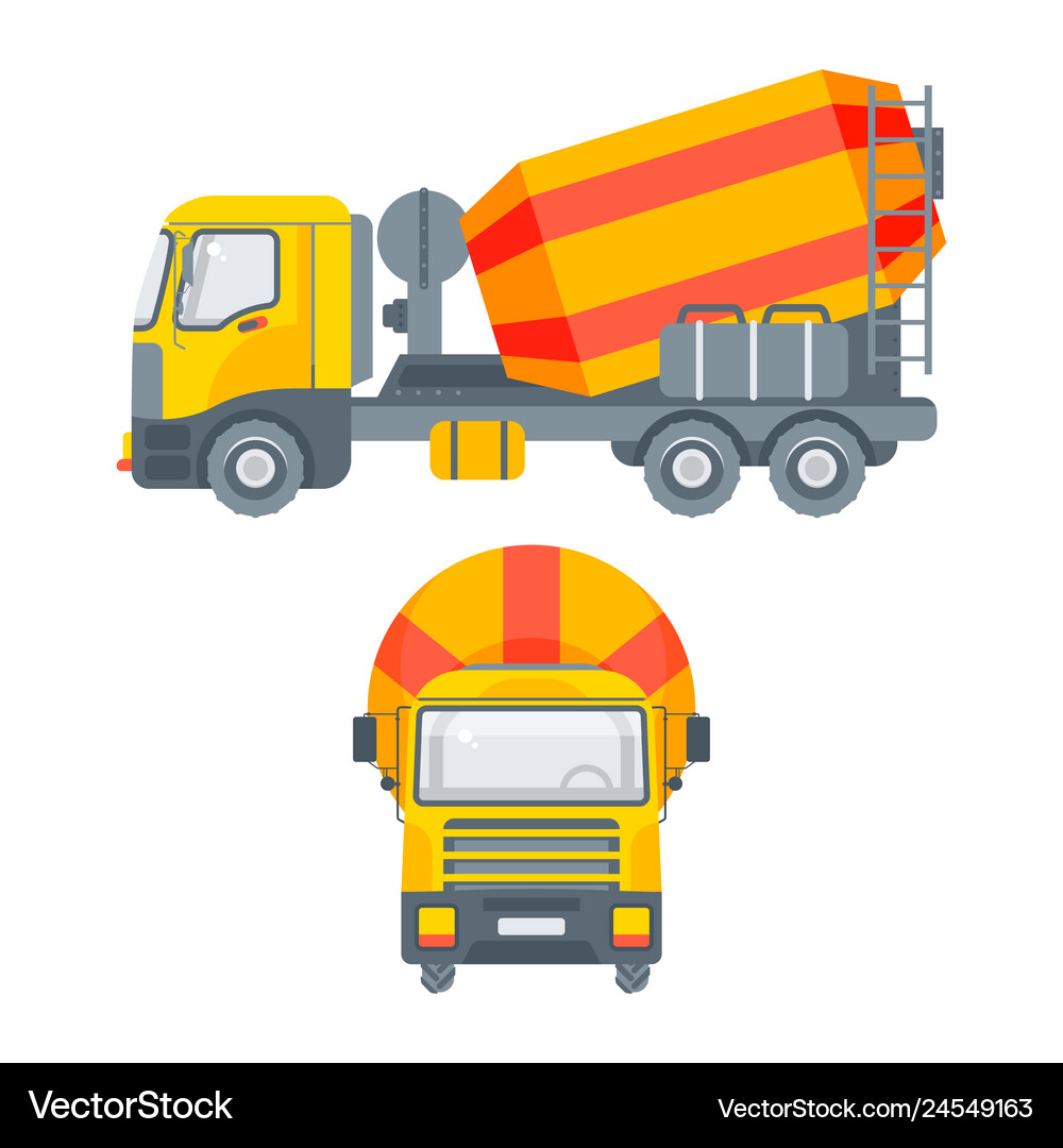 Cement mixer truck side view and front view Vector Image