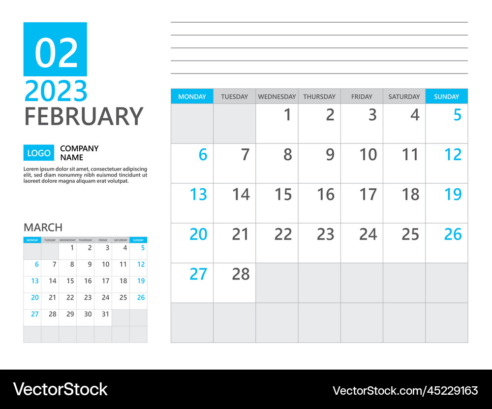 February 2023 template calendar planner 2023 Vector Image