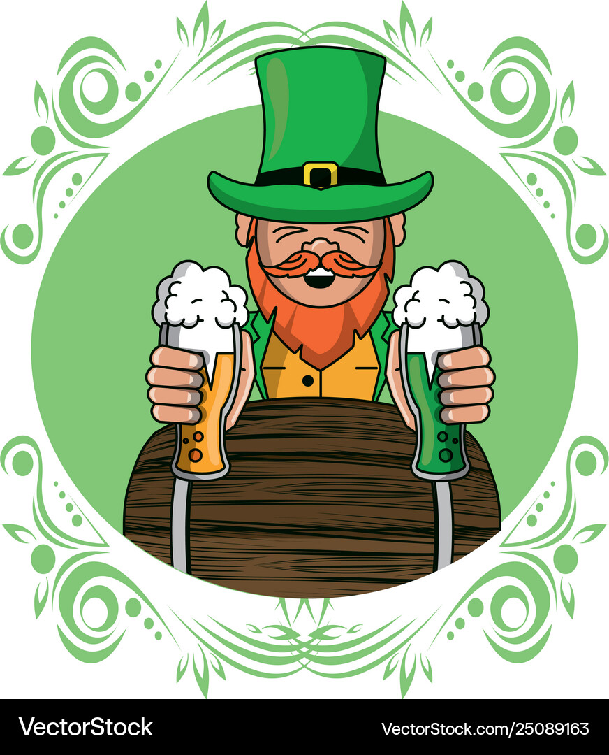 Irish elf with beer cups and barrel Royalty Free Vector