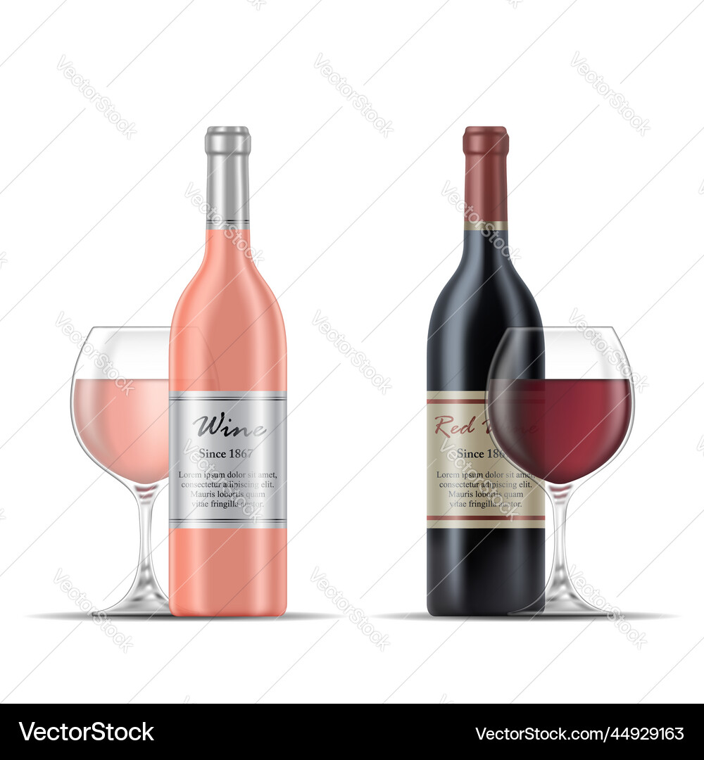 Rose wine and red bottles glasses Royalty Free Vector Image