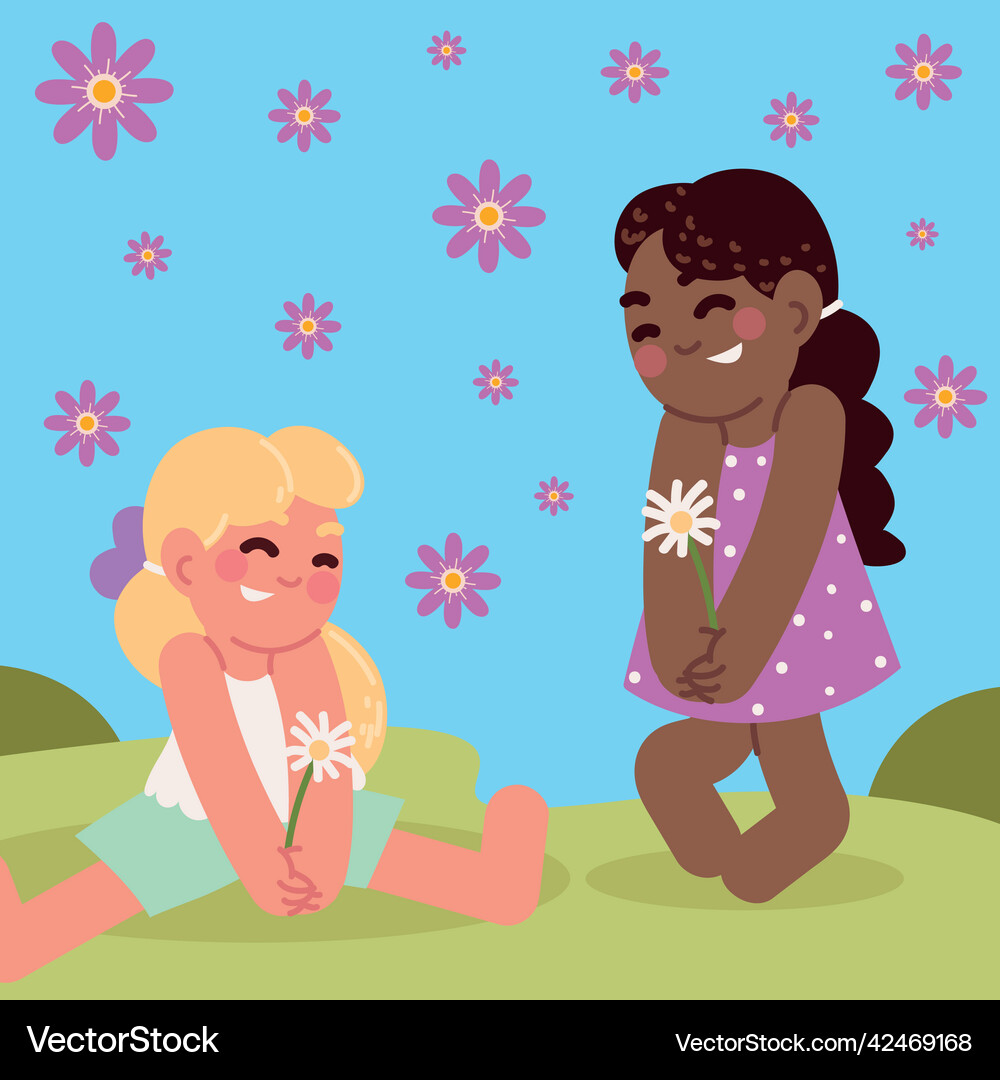 Girls playing with flowers Royalty Free Vector Image