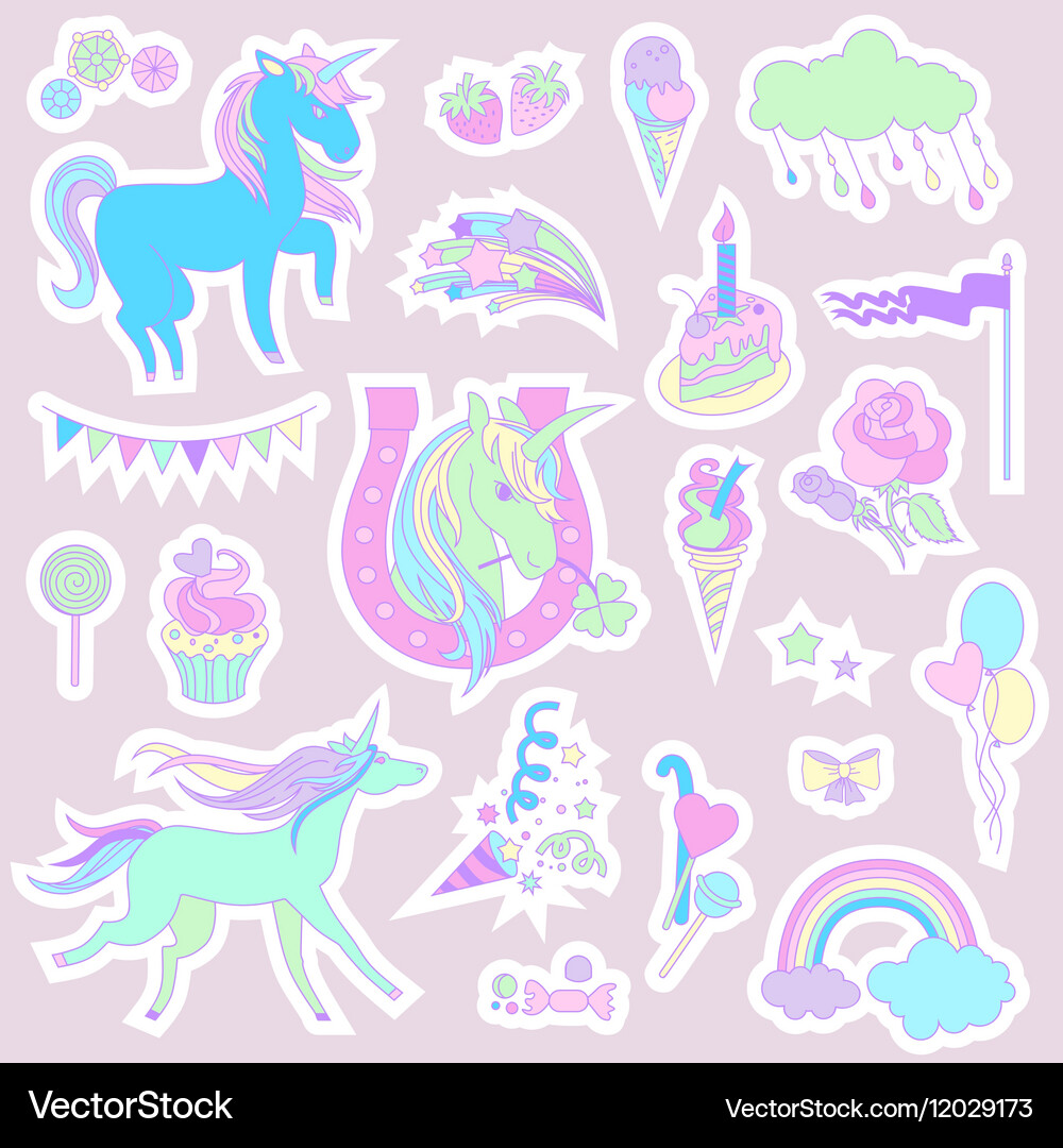 Blue unicorns with candy flag and fireworks Vector Image