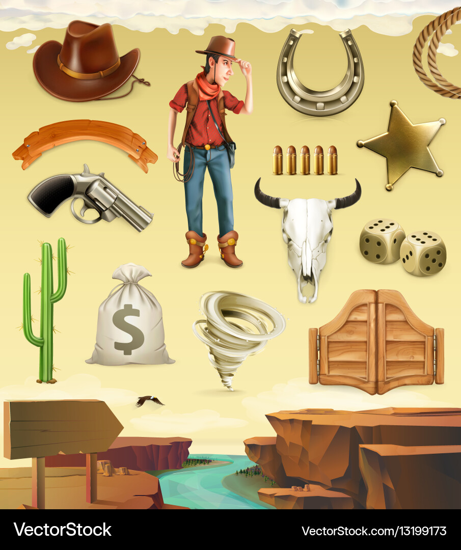 Cowboy cartoon character and objects western Vector Image