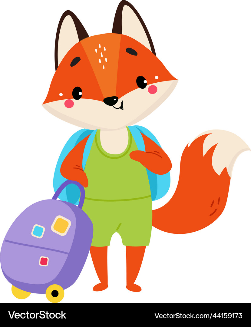 Cute red fox traveler with suitcase and backpack Vector Image