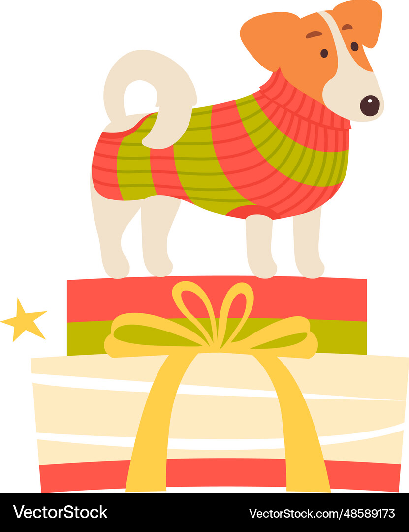 Dog staying on presents Royalty Free Vector Image
