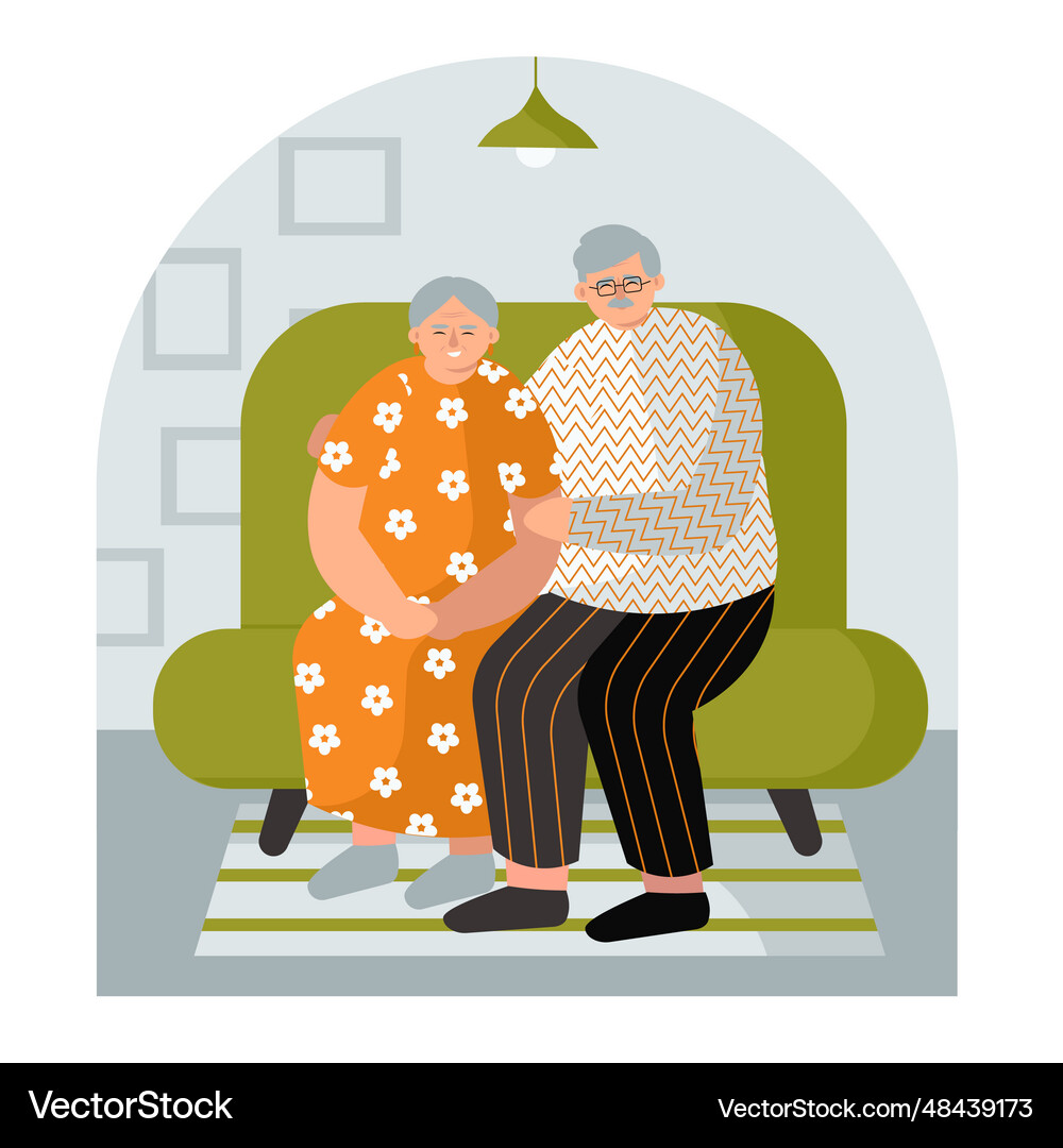 Pensioners seating on sofa and hugging each other Vector Image