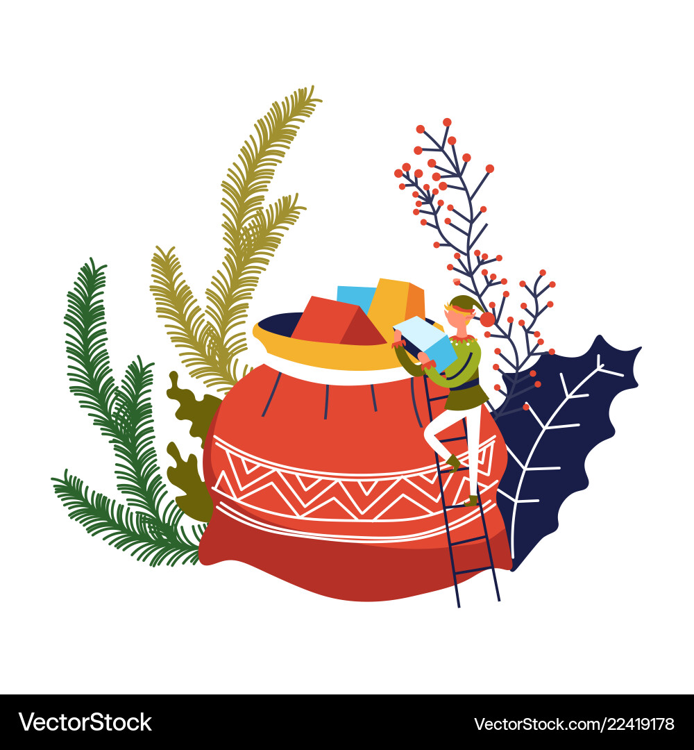 Elf helper carrying present into bag with gifts Vector Image