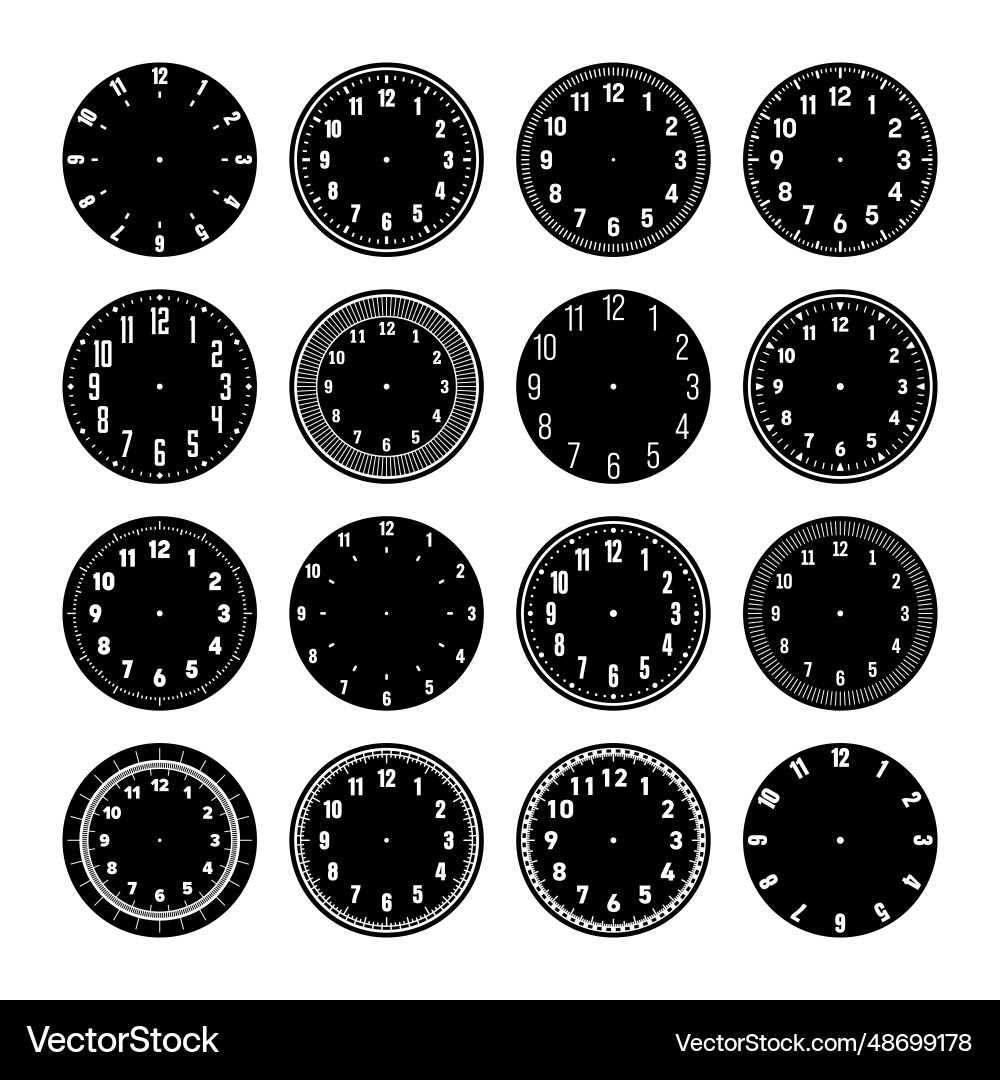 Mechanical clock faces watch dial with numerals Vector Image