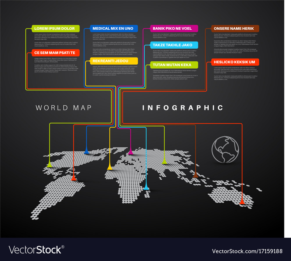 Infographic dark world map with pointer marks Vector Image