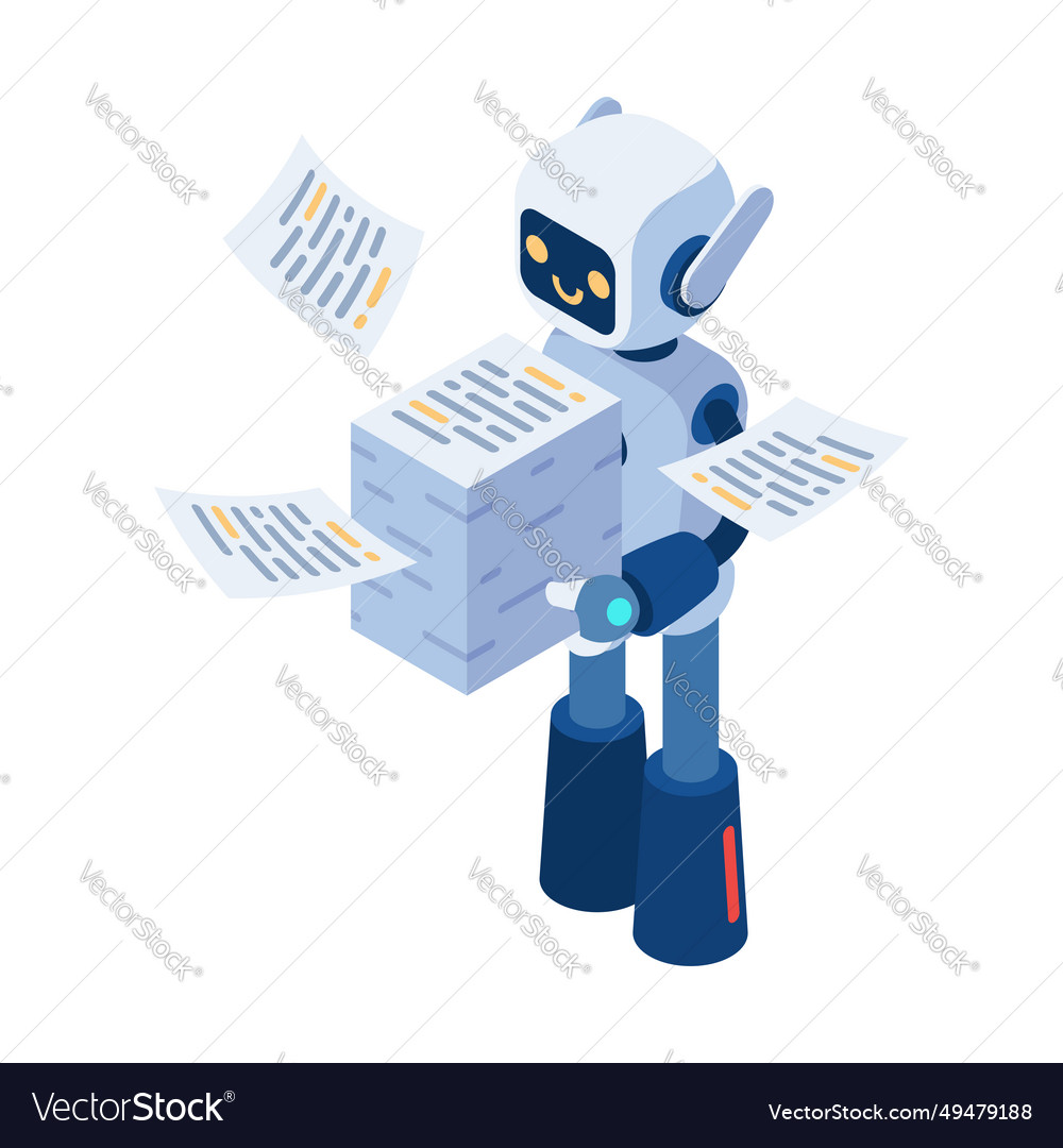 Isometric ai robot carrying stack of paperwork Vector Image