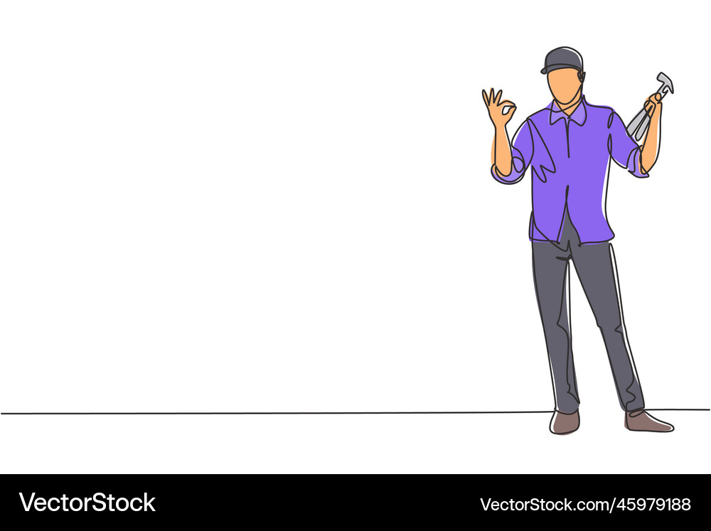 Single one line drawing of carpenter standing Vector Image