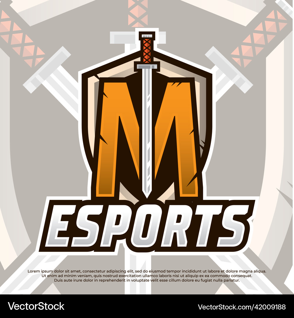 Sword with letter m esport logo shield Royalty Free Vector