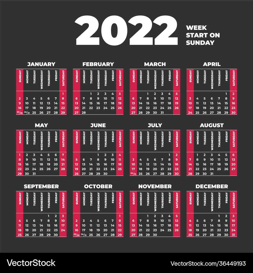 2022 calendar template with weeks start on sunday Vector Image