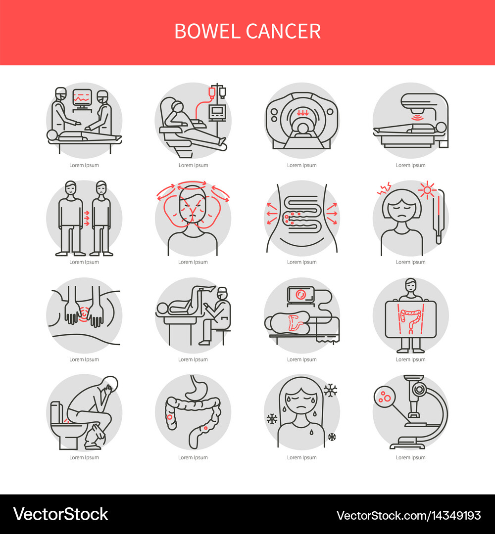 Bowel cancer line icons Royalty Free Vector Image