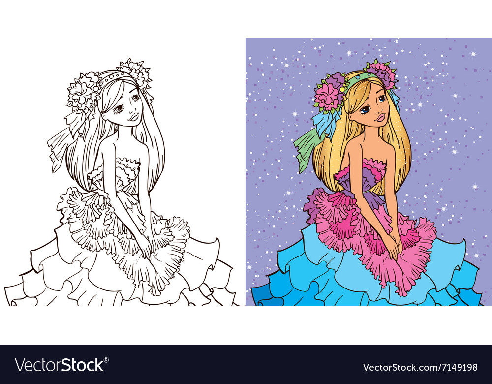 Colouring Book Of Girl In Flower Dress Royalty Free Vector