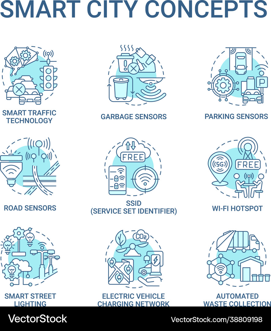 Smart city blue concept icons set Royalty Free Vector Image