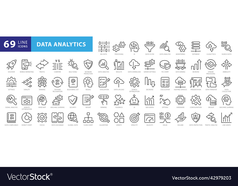 Big data analysis thin line icon set data Vector Image