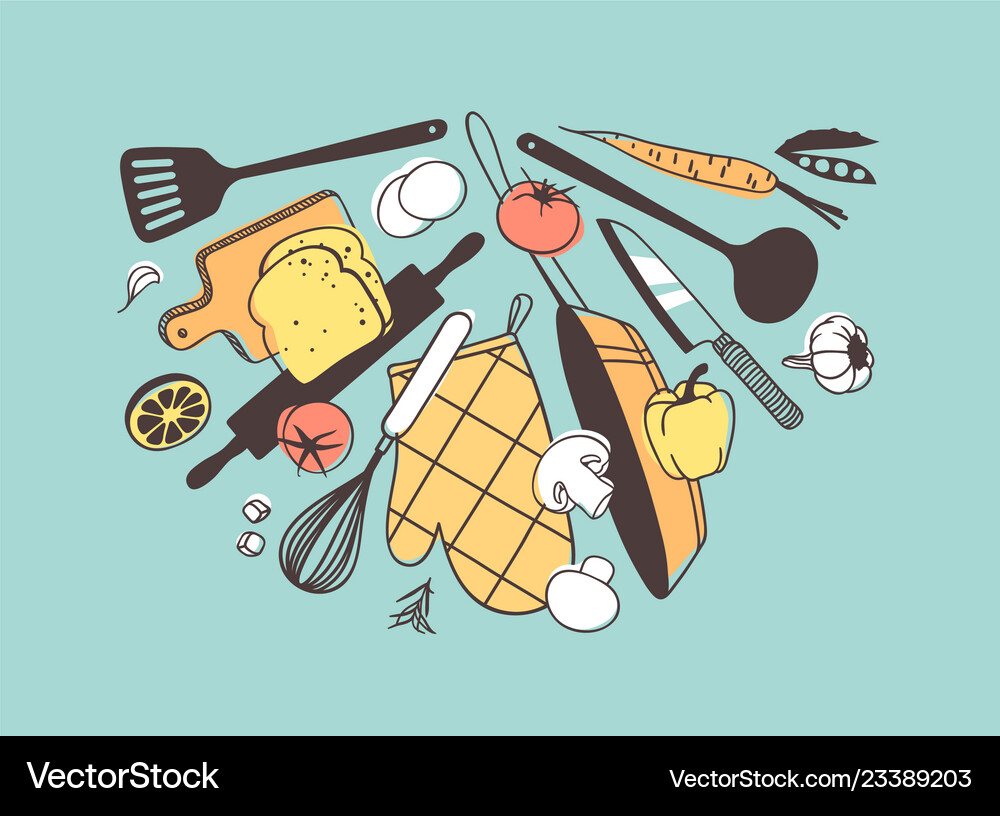 Hand drawn cooking tools dishes and food creative Vector Image