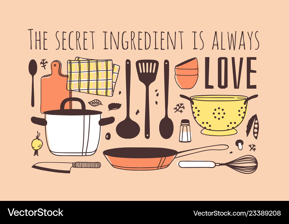 Hand drawn cooking tools and dishes quote Vector Image