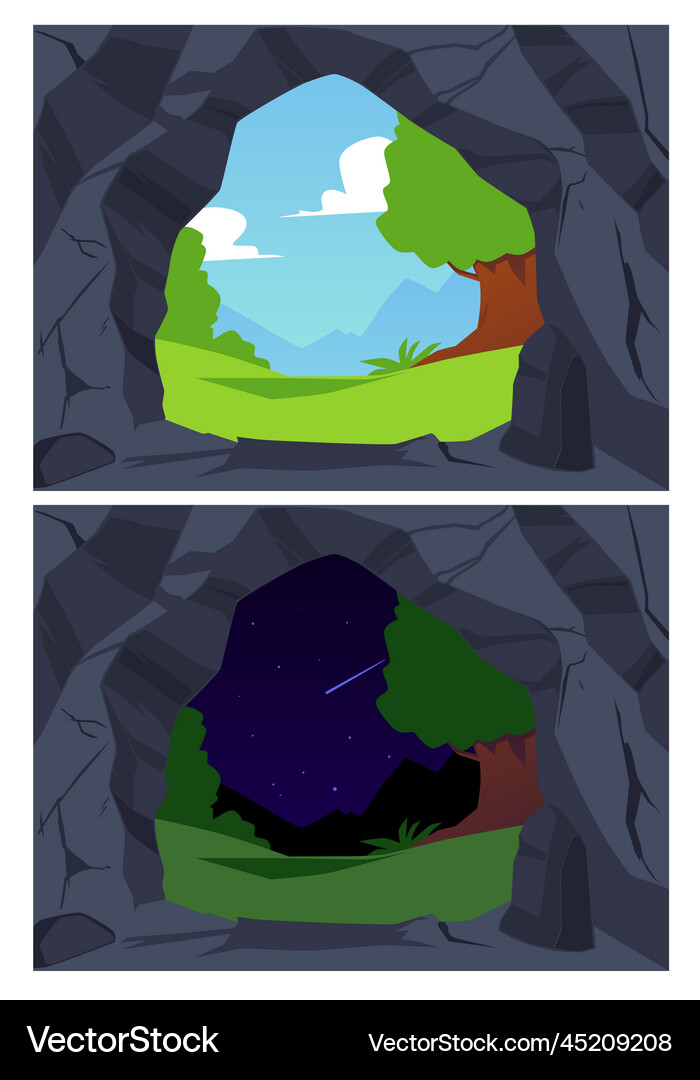 Set of stone cave entrances flat style Royalty Free Vector