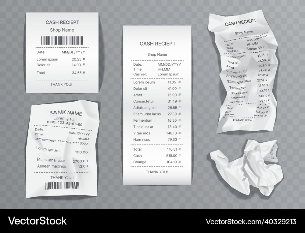 Cash receipt paper bill set 3d realistic payment Vector Image