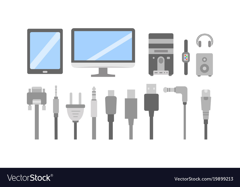 Set pc flat icons cable wire computer Royalty Free Vector