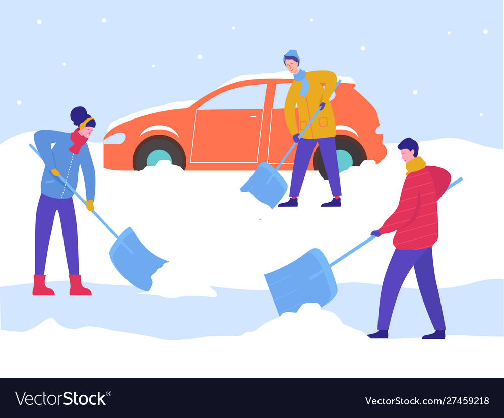 Winter man and woman clean car out snow remove Vector Image