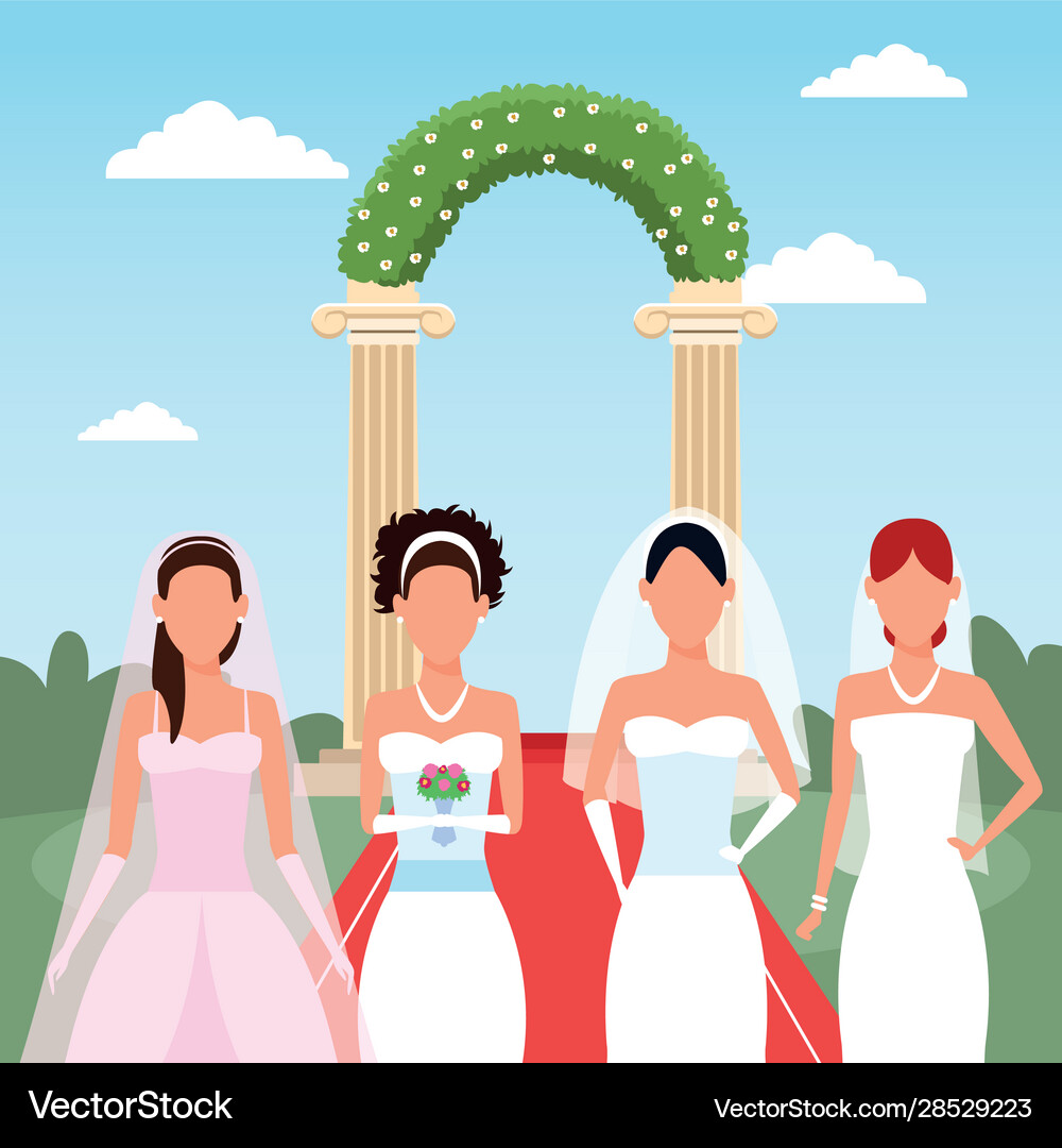 Brides standing over wedding floral arch Vector Image