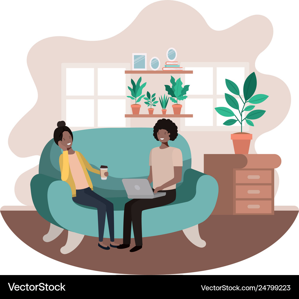 Couple using laptop in livingroom Royalty Free Vector Image