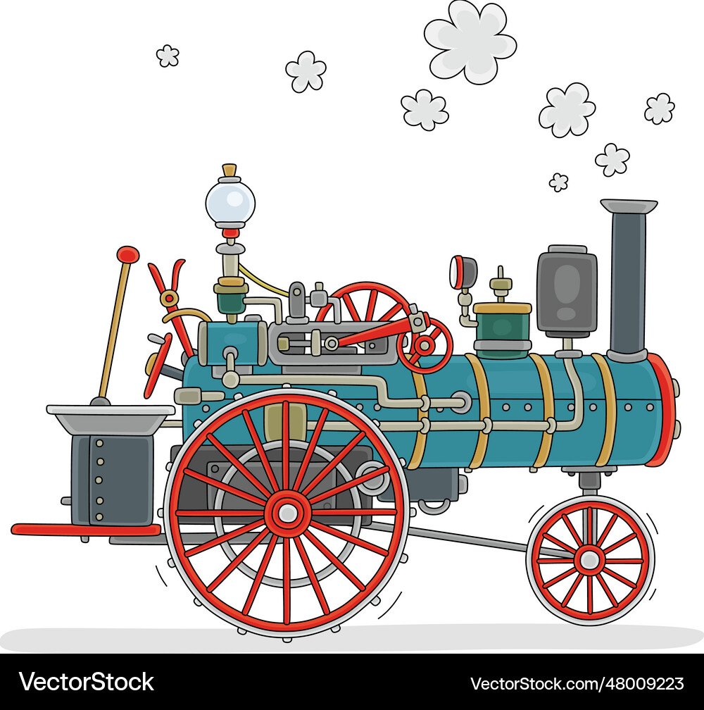 Old steam car with a smoking funnel Royalty Free Vector