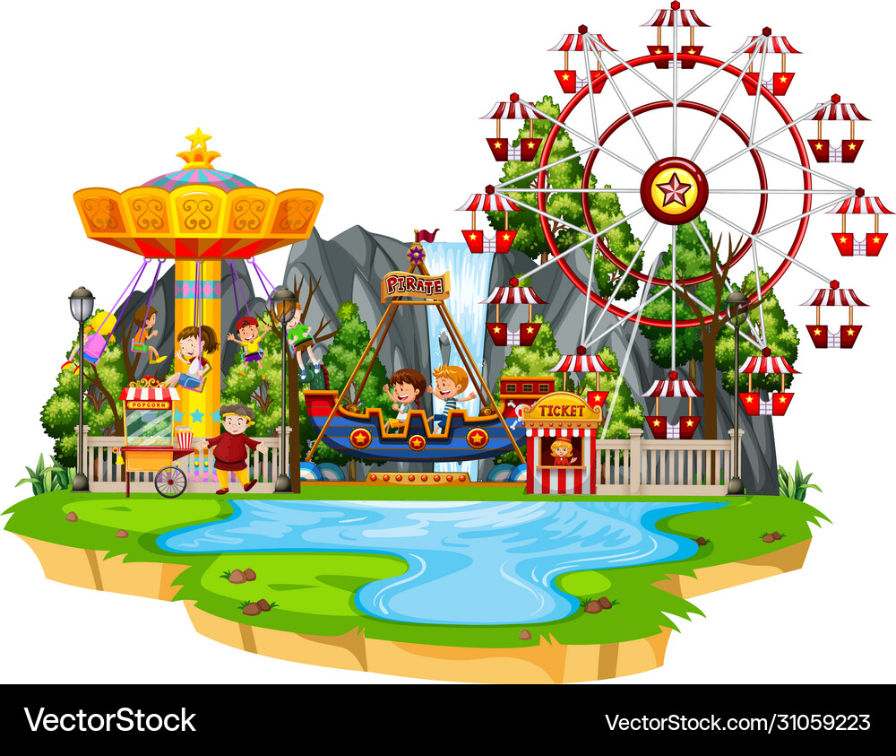 Scene with many children playing rides Royalty Free Vector
