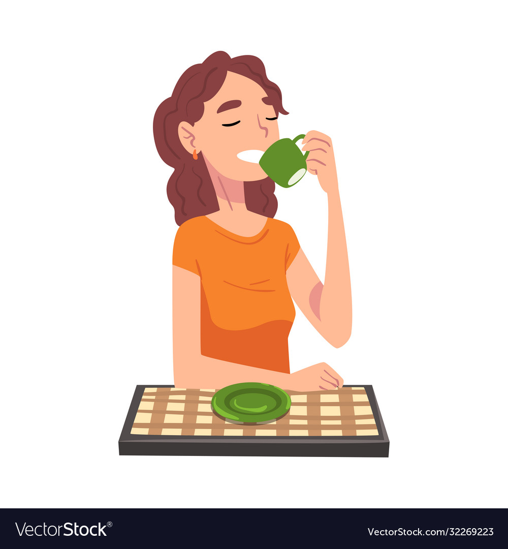 Young Woman Drinking Tea Cheerful Girl Sitting At Vector Image