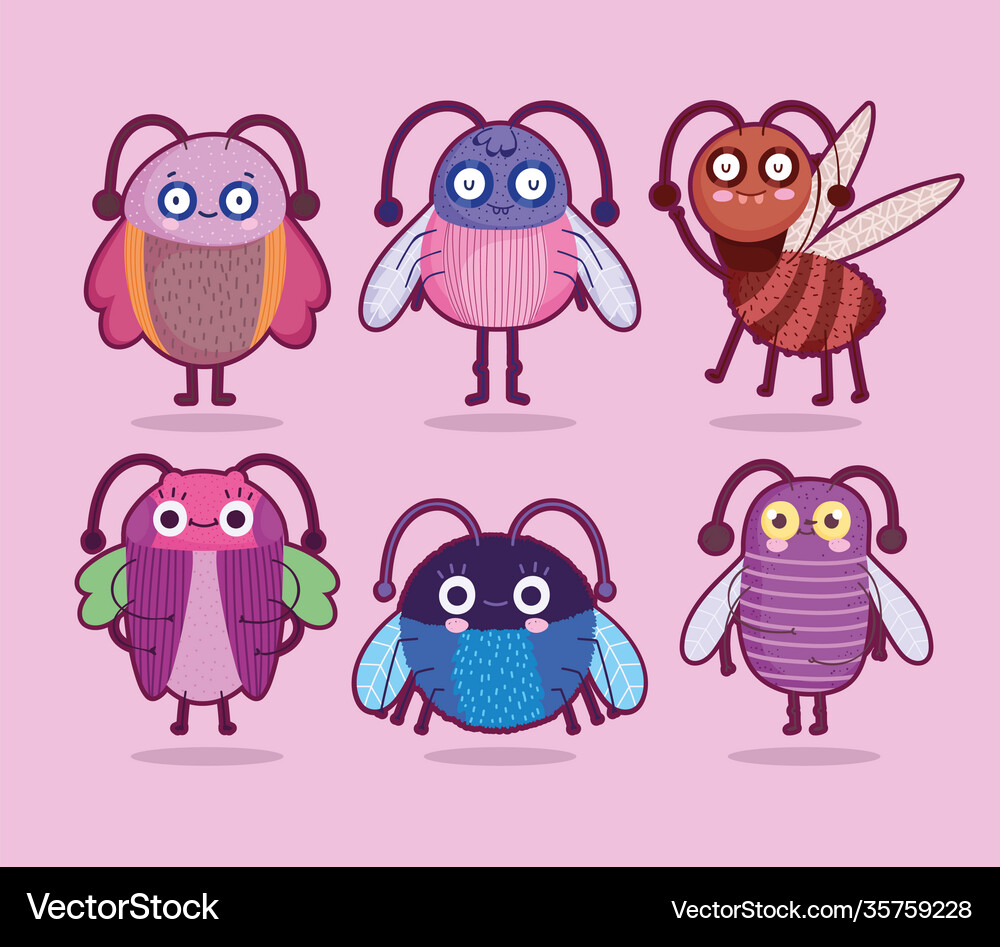 Funny bugs creature animals cartoon set on pink Vector Image