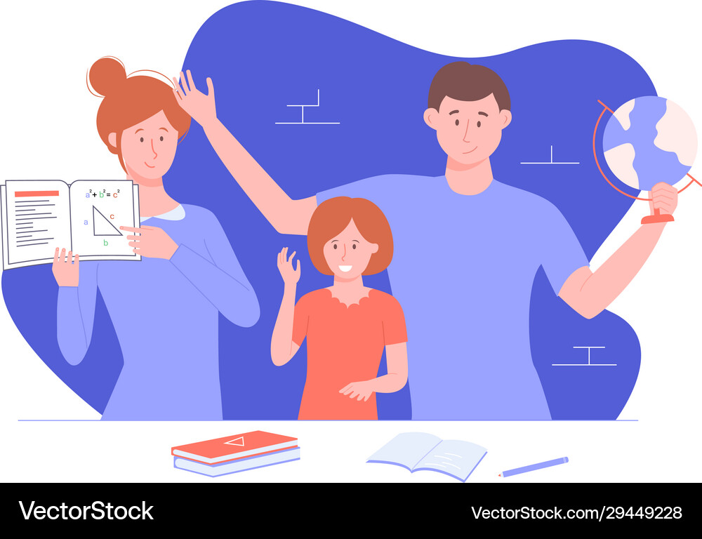 Parents teach daughter math and geography Vector Image