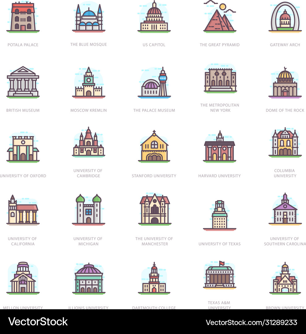 University buildings flat icons Royalty Free Vector Image