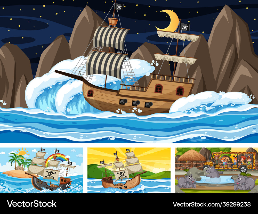 Set of different scenes with pirate ship Vector Image