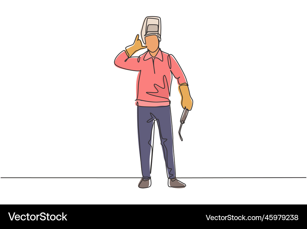 Single one line drawing welder stands with call Vector Image