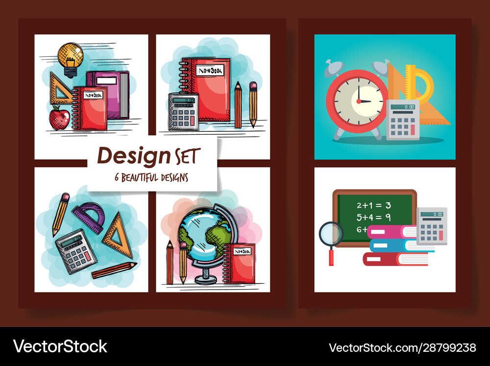 Six designs school education supplies Royalty Free Vector