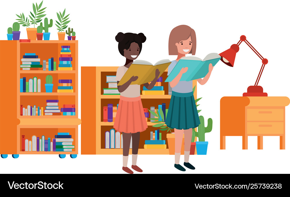 Student girls with reading book in hands Vector Image